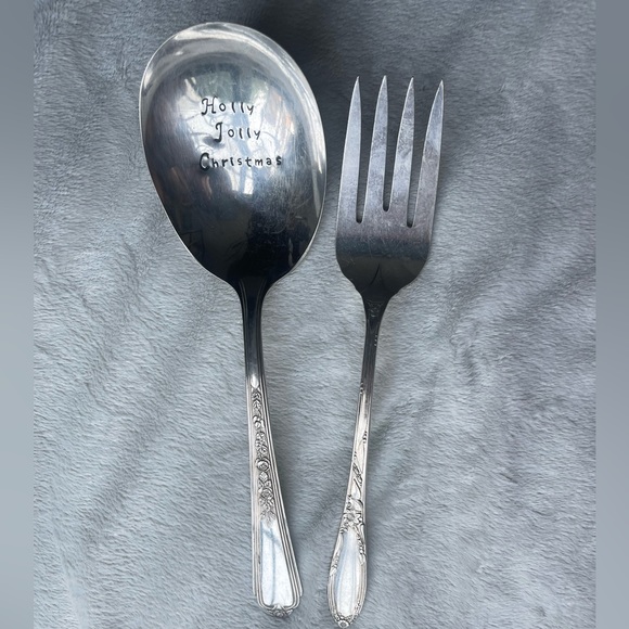 Dining | Antique Silver Large Serving Spoon And Fork Engraved Holly ...